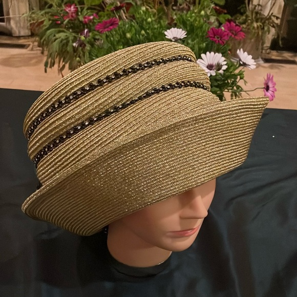 Accessories | Elegant Metallic Straw Gold Madhatter Hat With Black ...